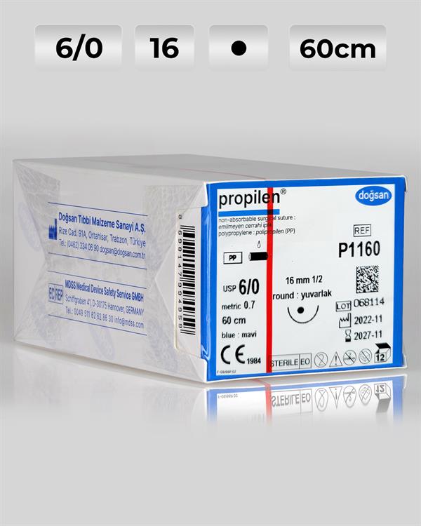 P1160 Doğsan Propilen 6/0 16 1/2 Yuvarlak ( ) 60Cm Polipropilen Emilemeyen Sütür 12 Ad./Pkt | Davye