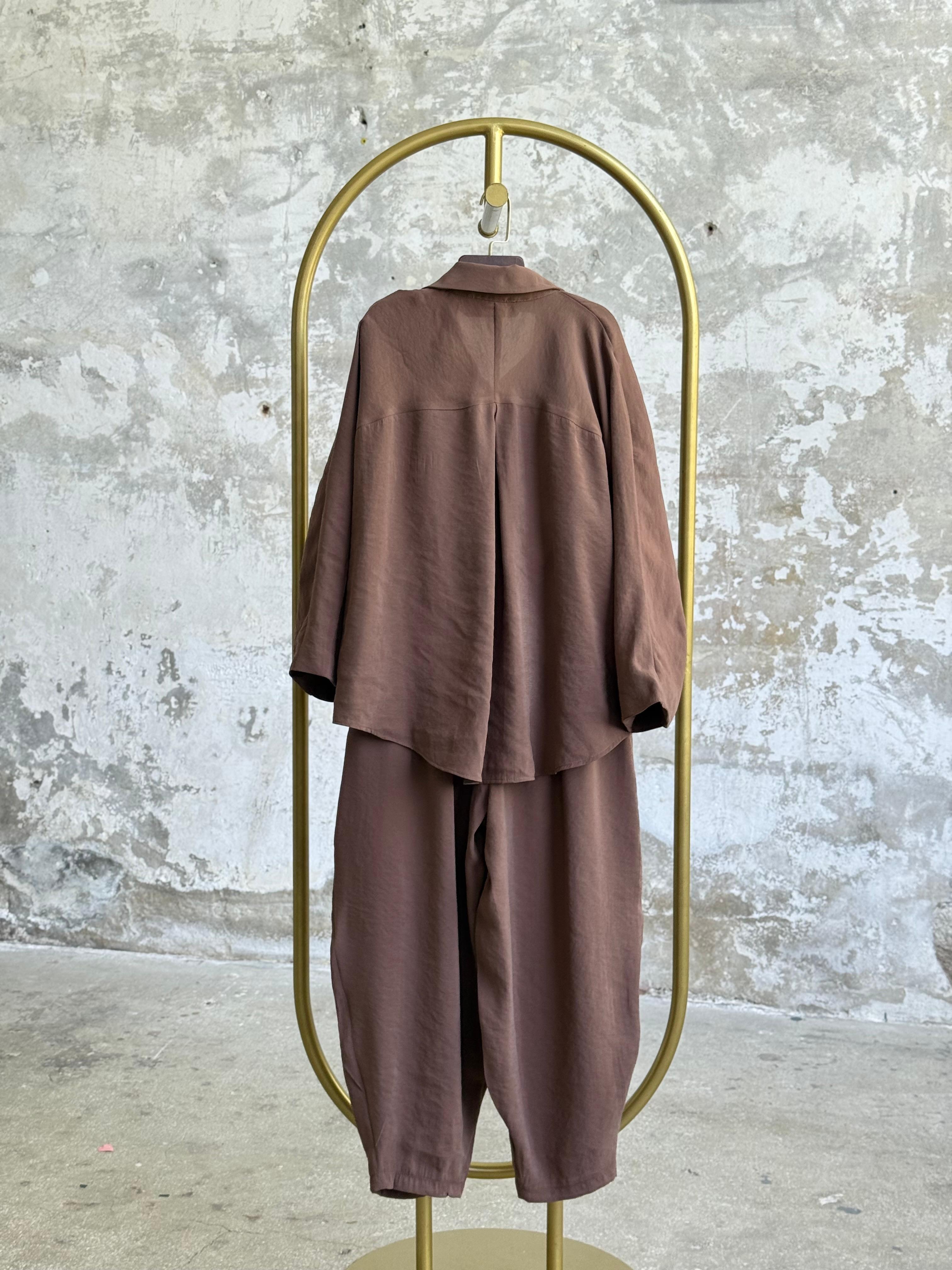 Tensel Kumaş Şalvar Model Takım (Kahve)