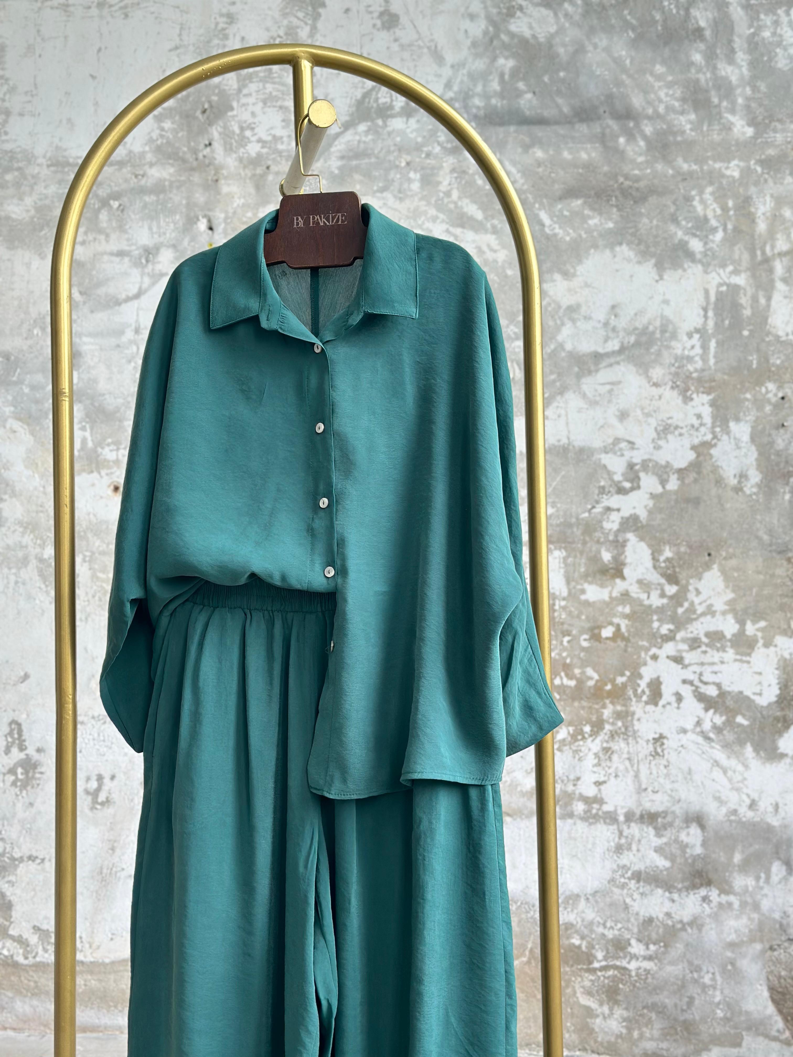 Tensel Kumaş Şalvar Model Takım (Zümrüt)