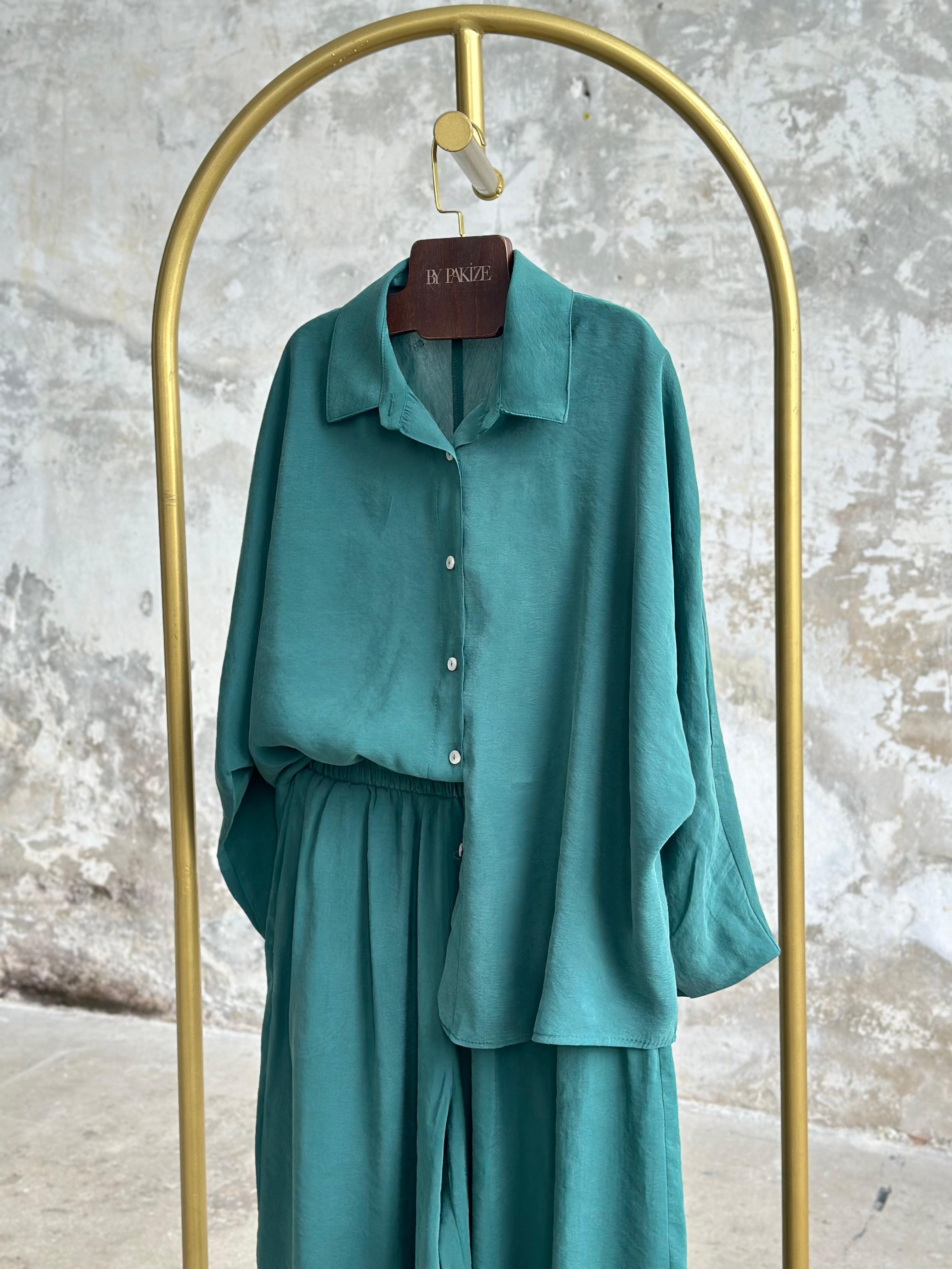 Tensel Kumaş Şalvar Model Takım (Zümrüt)