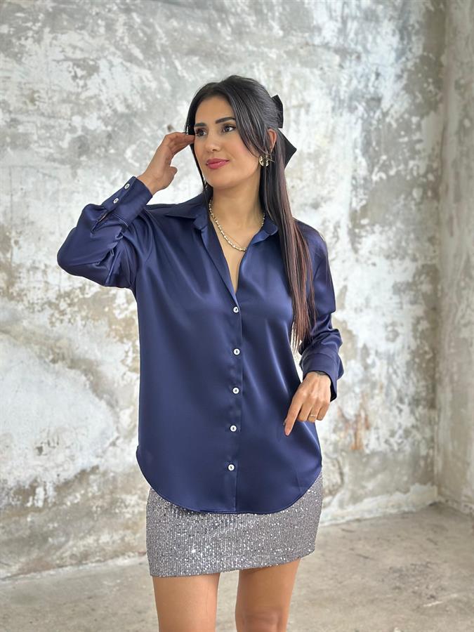 Yakalı Pamuk Saten Gömlek (Lacivert)