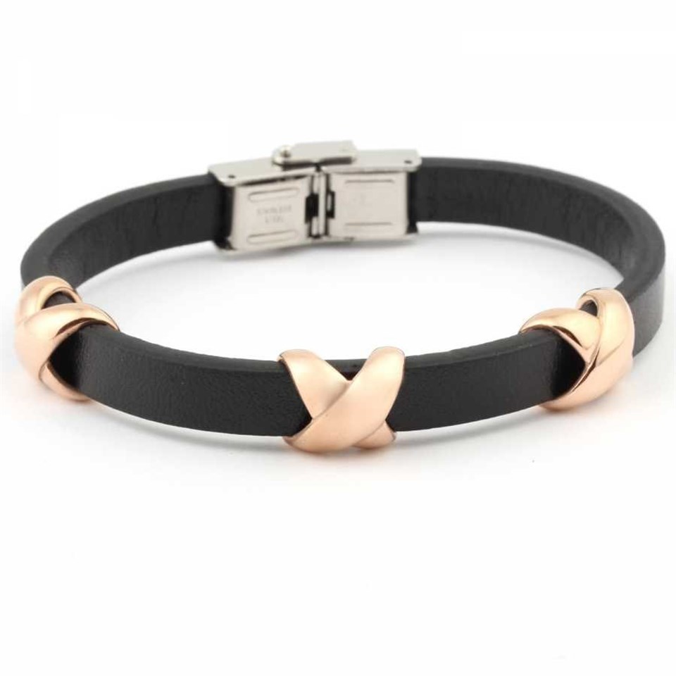 Welch Cross Rose Detailed Men's Steel Leather Bracelet