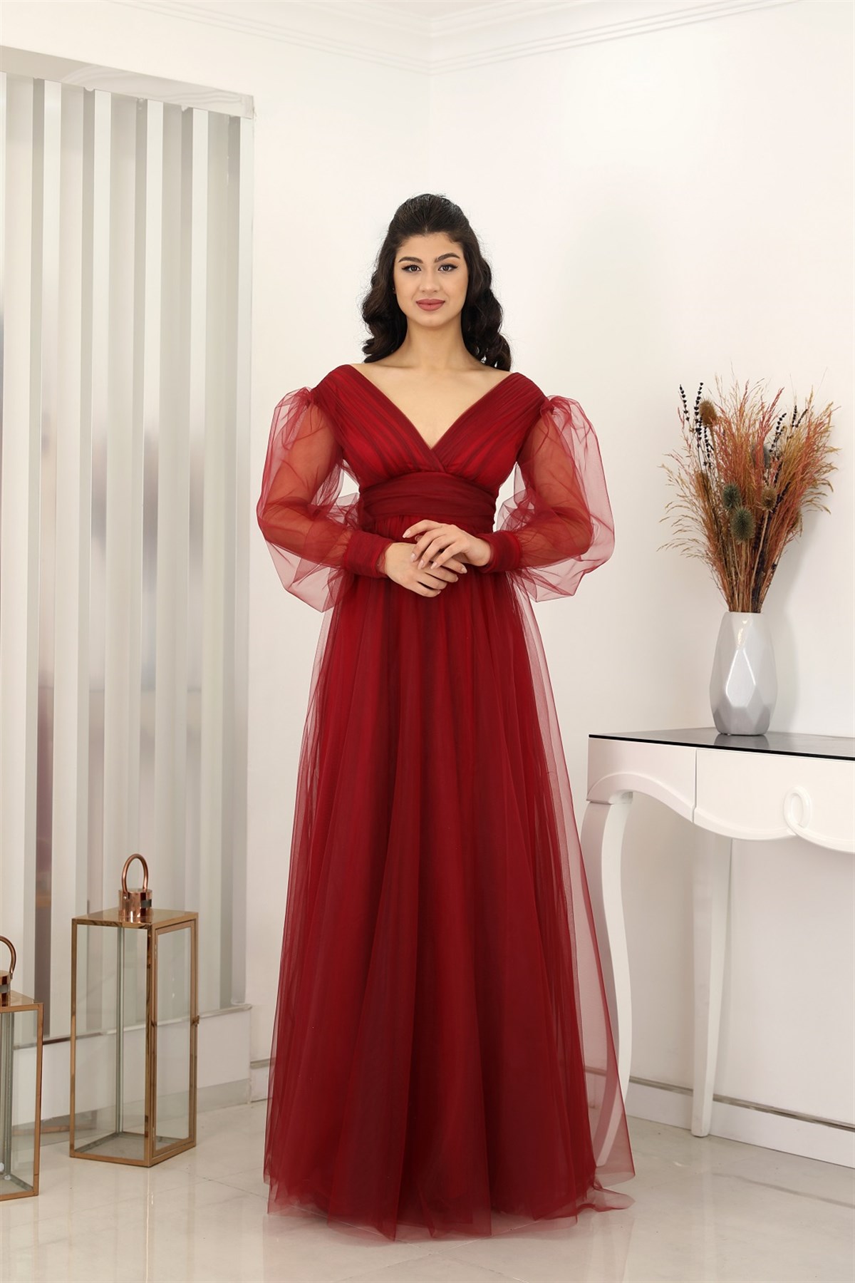 Zeren V Yaka Gizli Fermuarlı Hayal Tül Abiye Bordo - Surikka.com