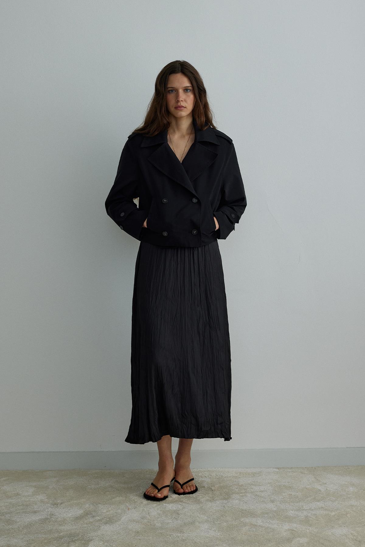 Siyah Kırışık Pilili Maxi Etek | Suud Collection