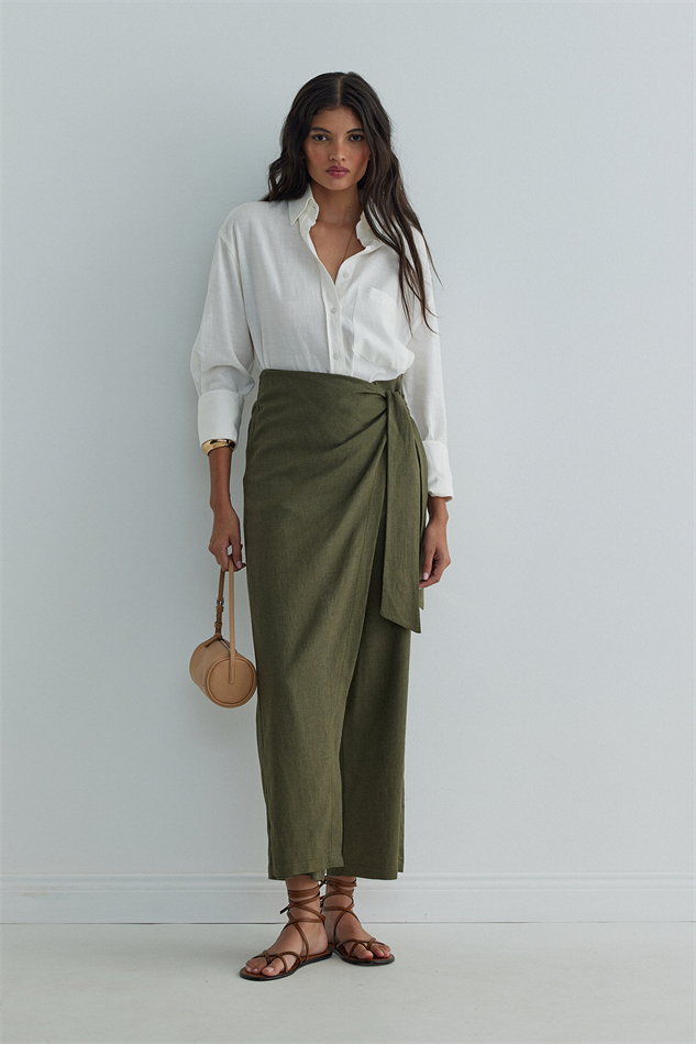 Khaki Alia Linen Pareo Style Trousers | Suud Collection