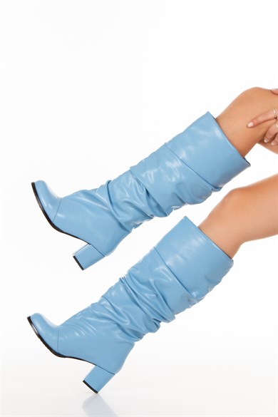 PUSI MAVİ İTHAL DERİ KÖRÜKLÜ DİZ ALTI ÇİZME