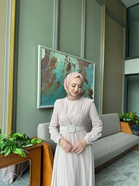 Drapeli Şifon Elbise Bej