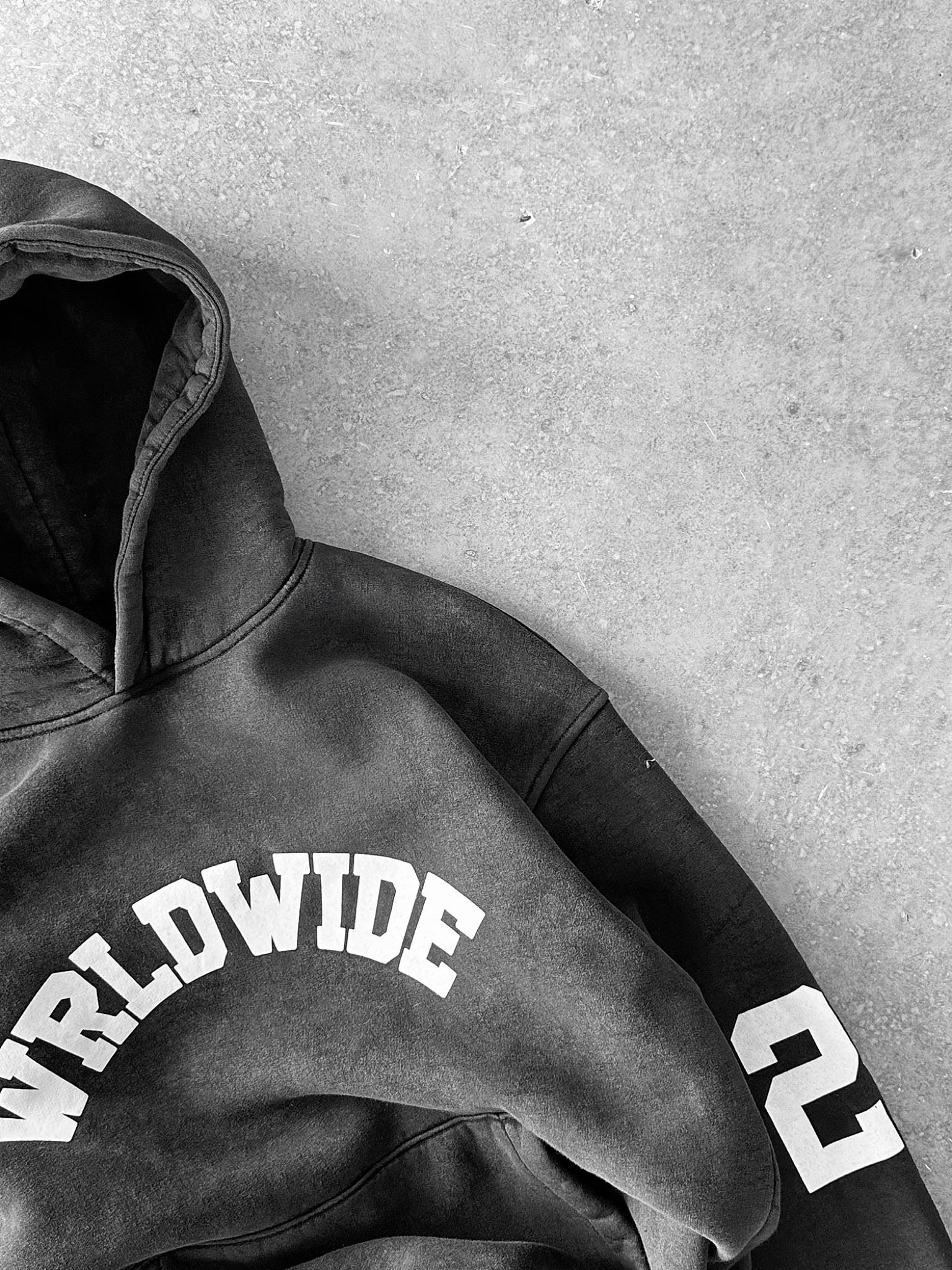 Siyah Oversize Wrld Wide Yazılı Unisex Kapüşonlu Hoodie | ABLUKA