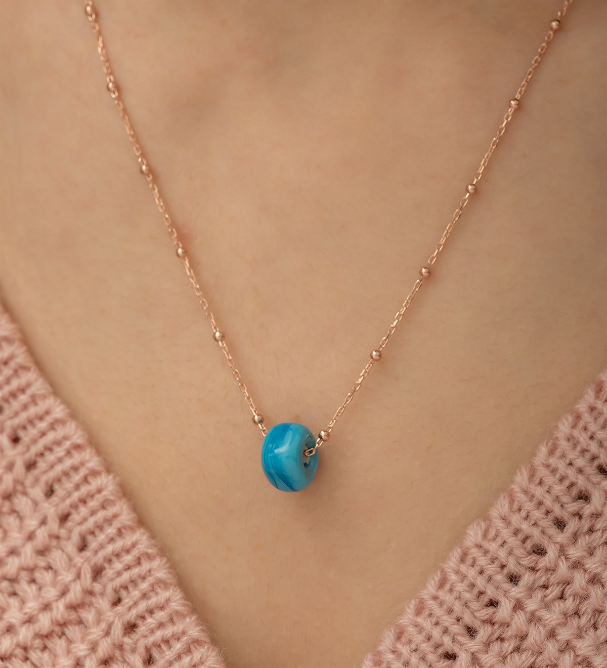 925 Ayar Mavi Boncuk Toplu Zincir Kadın Gümüş Kolye