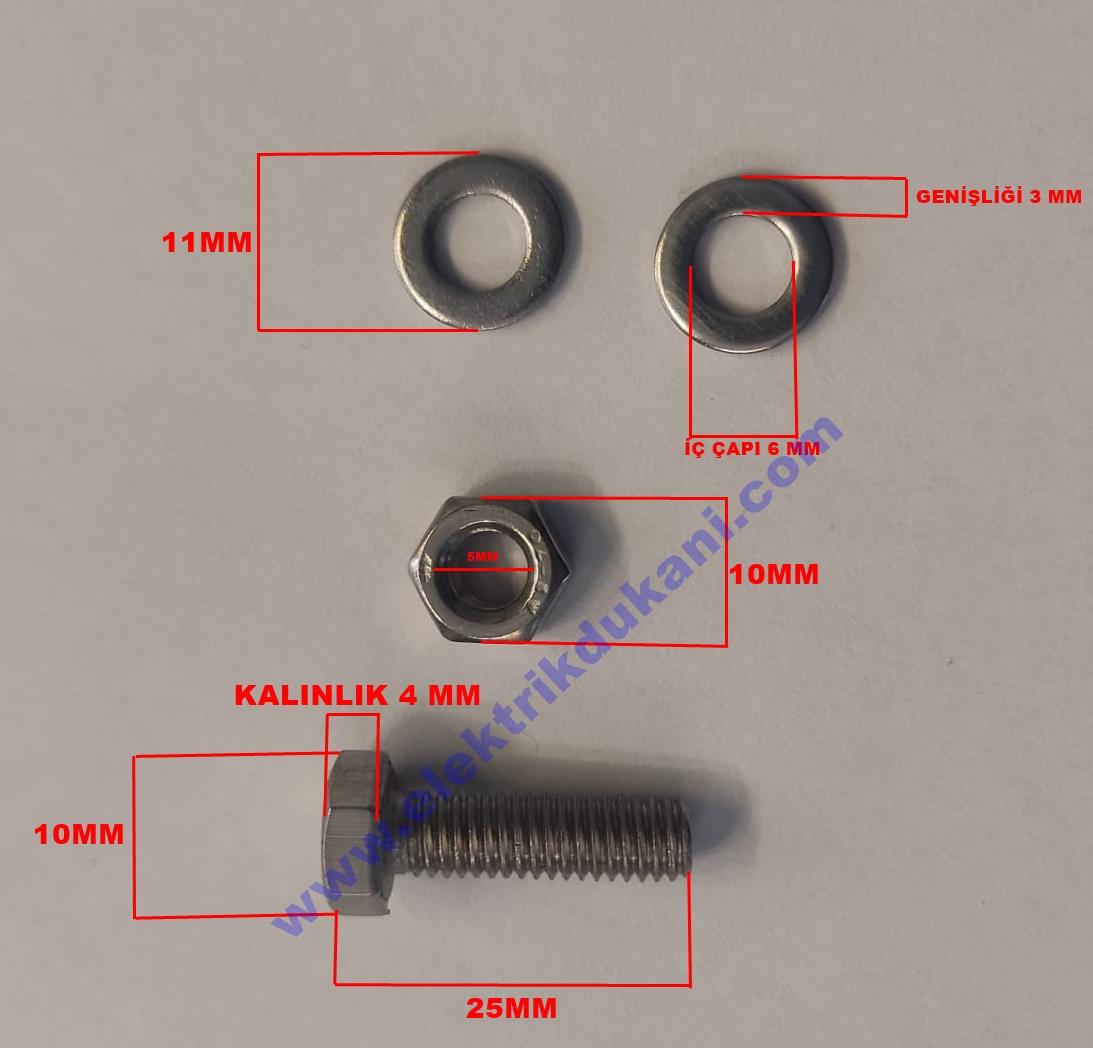 Paslanmaz Metrik 6 Krom 25mm Civata + Somun + Pul | elektrikdukani.com