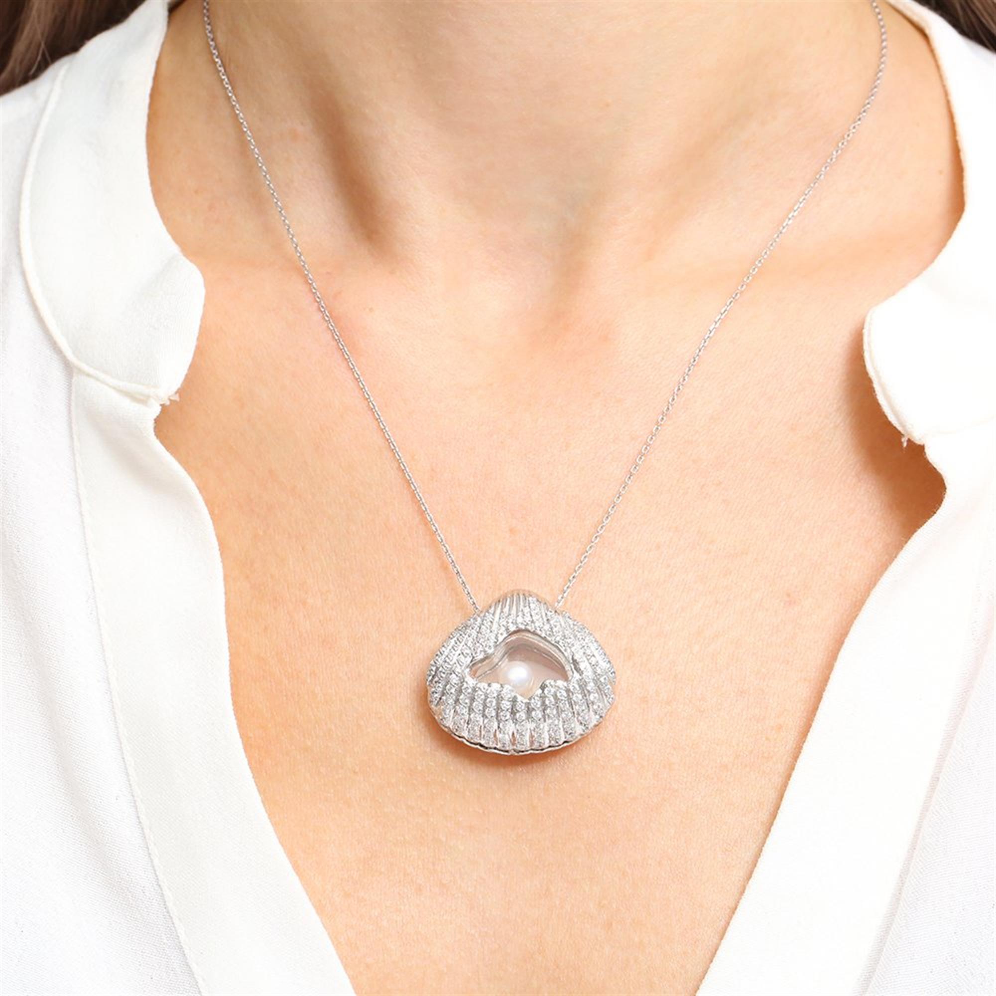 Cam İşleme İnci İstiridye Beyaz Renk Gümüş Kolye | Mia Vento