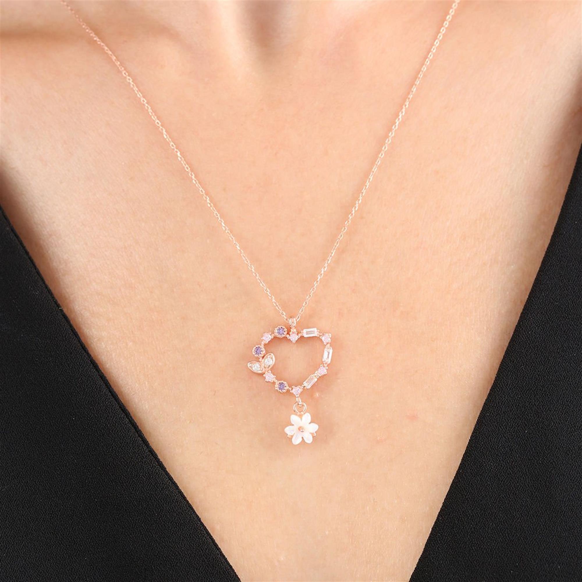 Manolya Çiçeği Mix Taşlı Kalp Tanesi Rose Renk Flowers Gümüş Kolye ...