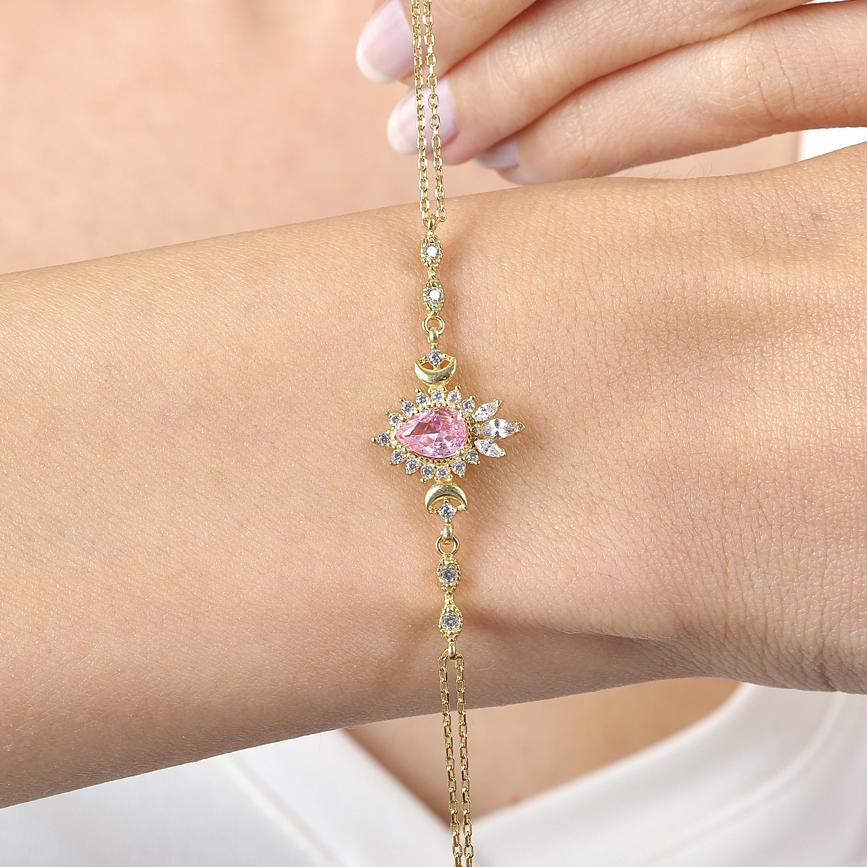 Pink Taşlı Asil Hanedanlık Güneşi Gold Renk Vintage Gümüş Bileklik