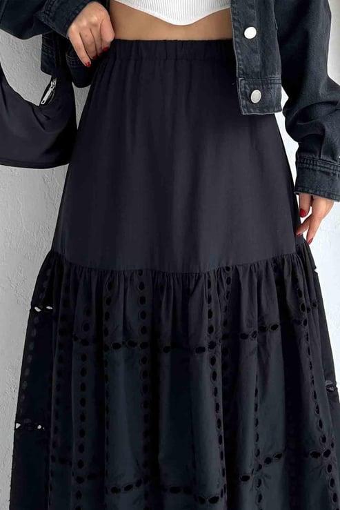 Siyah Etek Ucu Delikli Asimetrik Kesim Etek - Melek Araz