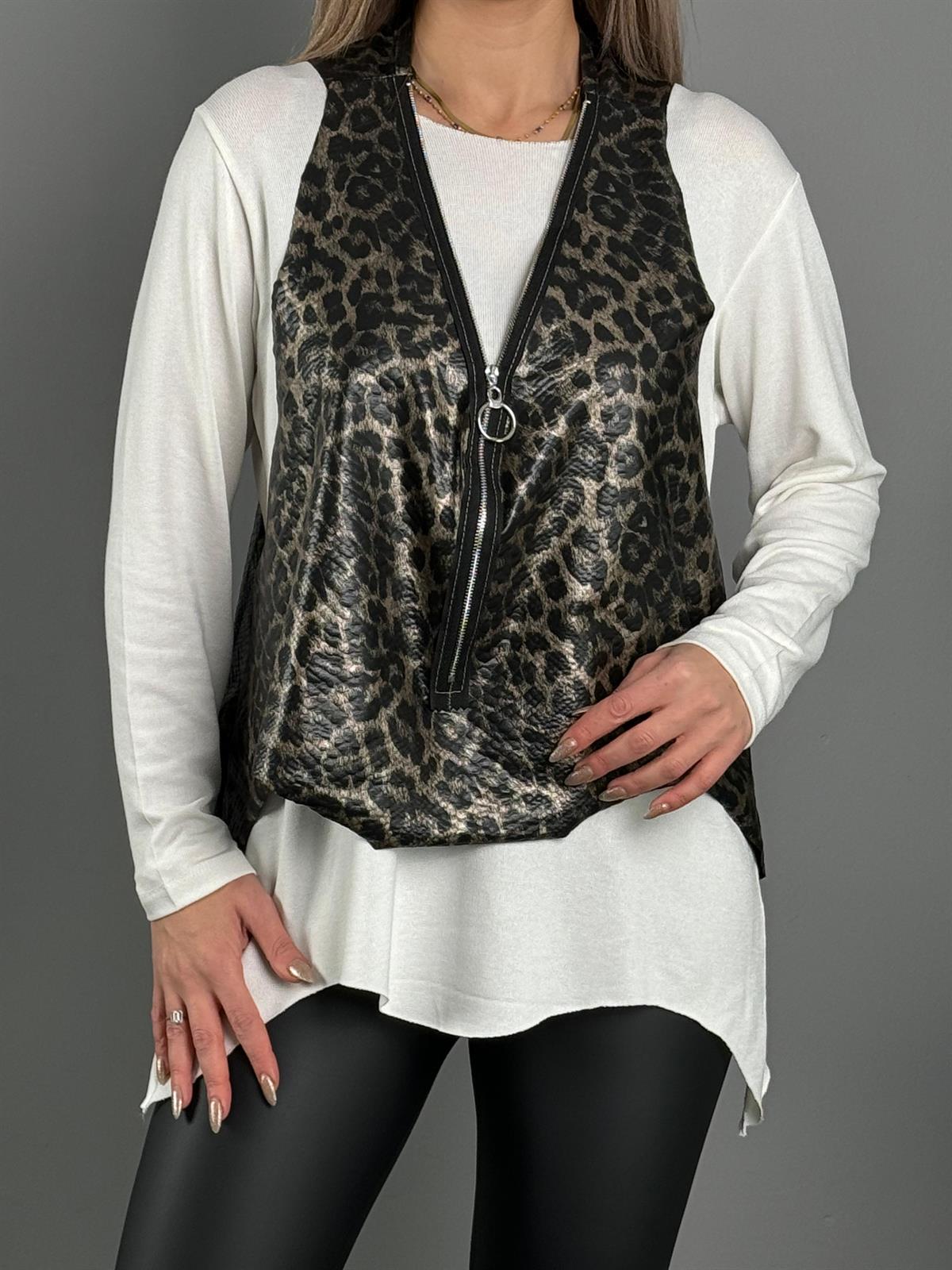 Kles Beyaz Yılan Desenli Yelekli Bluz Takım