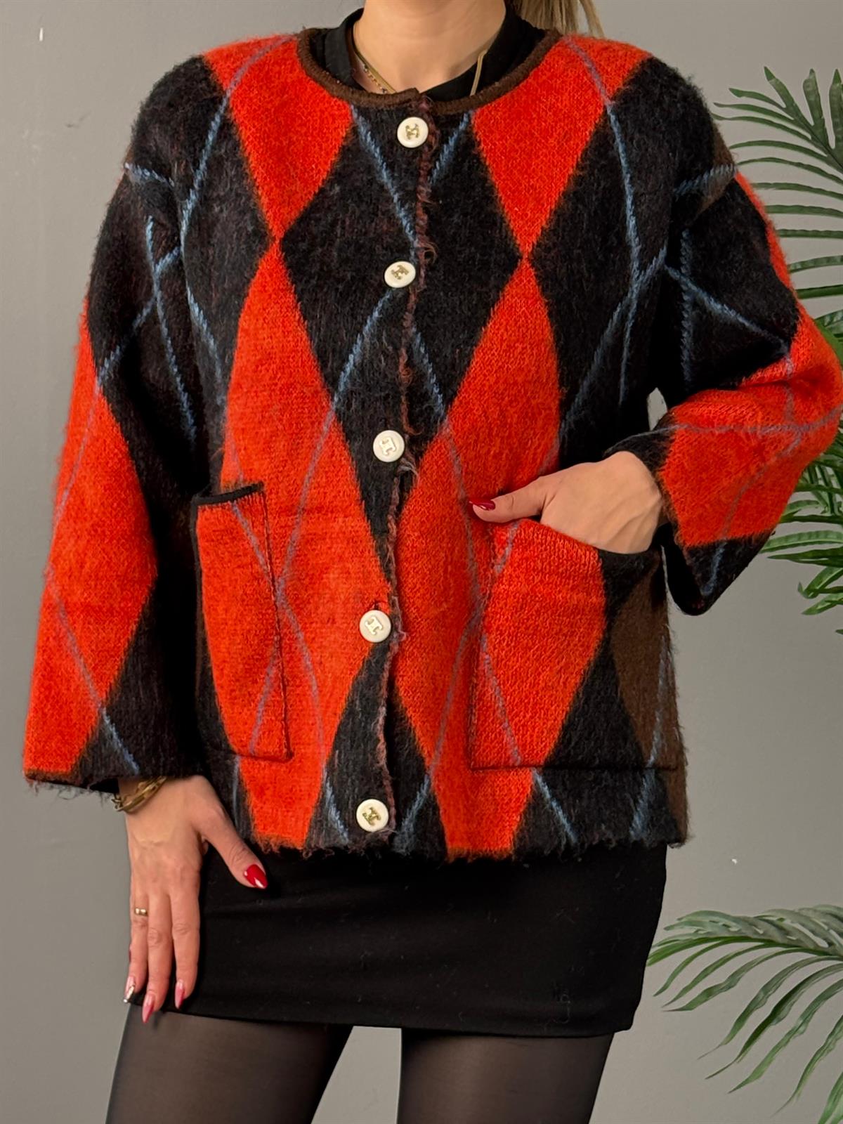 Lumx Turuncu Baklava Desen Sakallı Triko Hırka