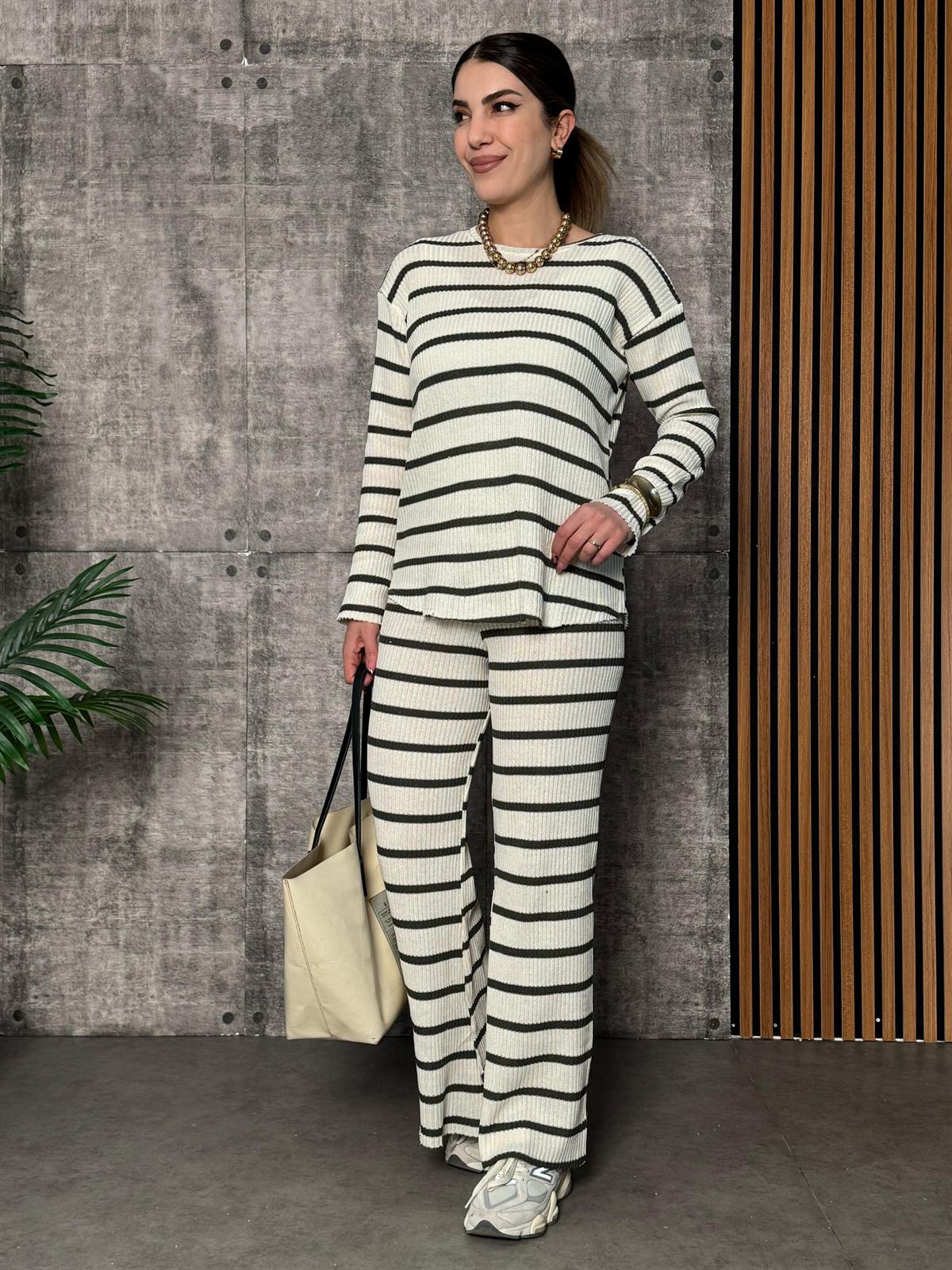 Sely Yeşil Çizgili Triko İkili Takım