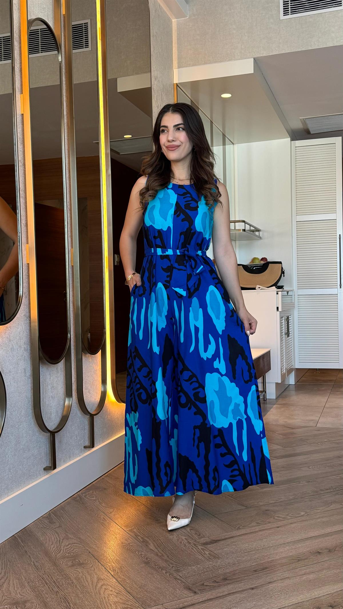 Favel Mavi Desenli Kemerli Bol Paça Tulum