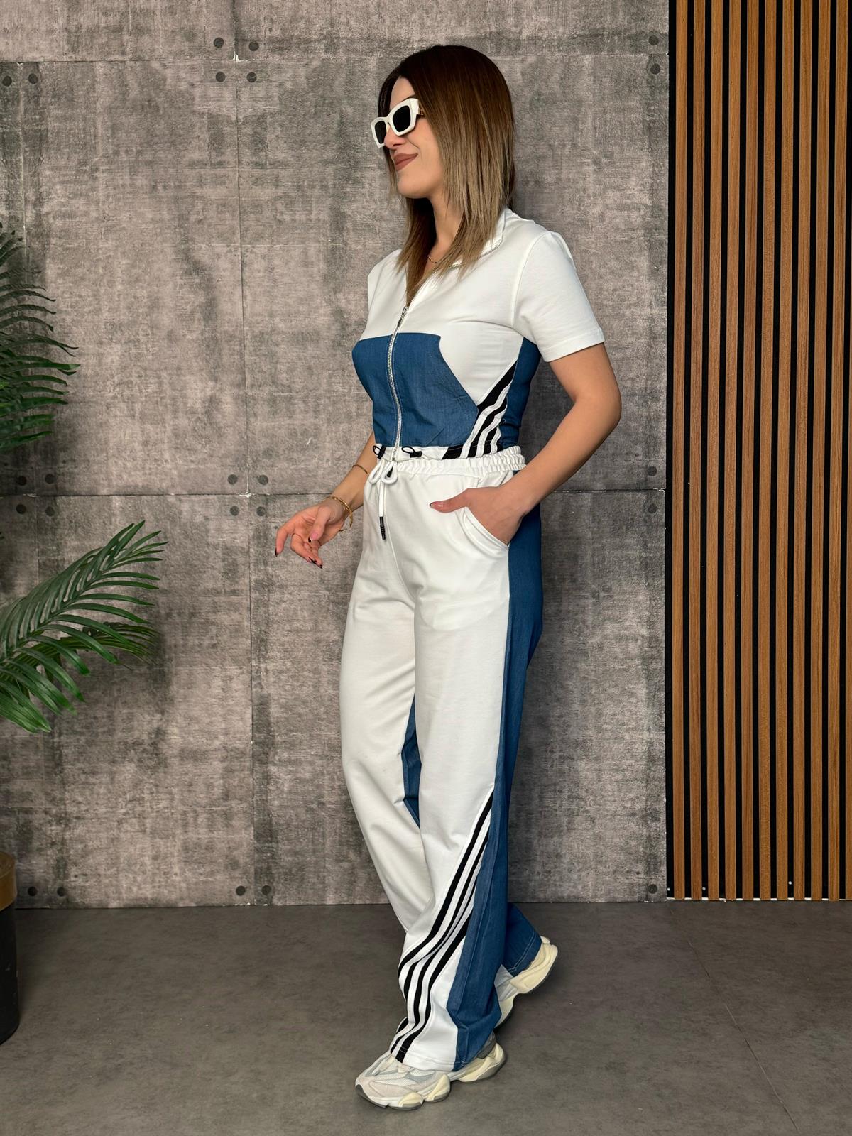 Jomy Beyaz Jean Detaylı Şeritli İkili Takım