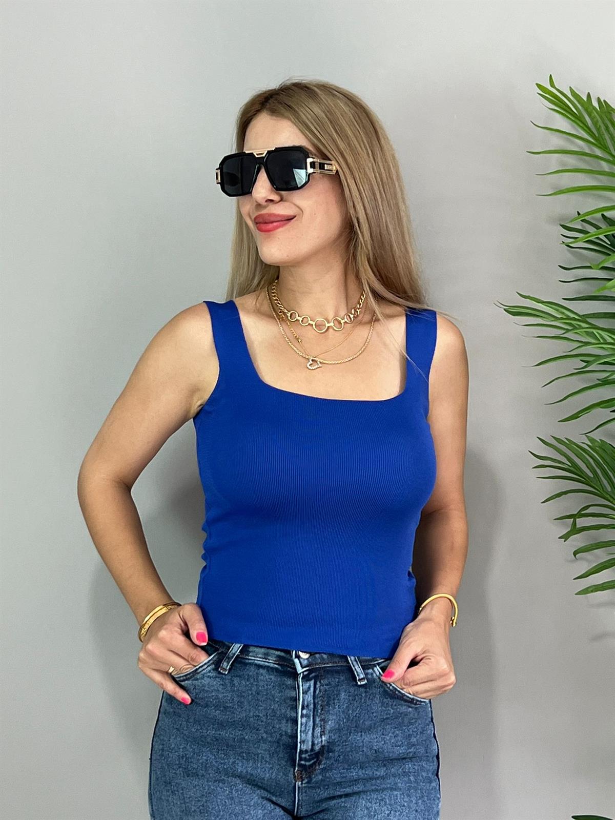 Saks Mavi Uzun Boy Elit Triko Likralı Atlet