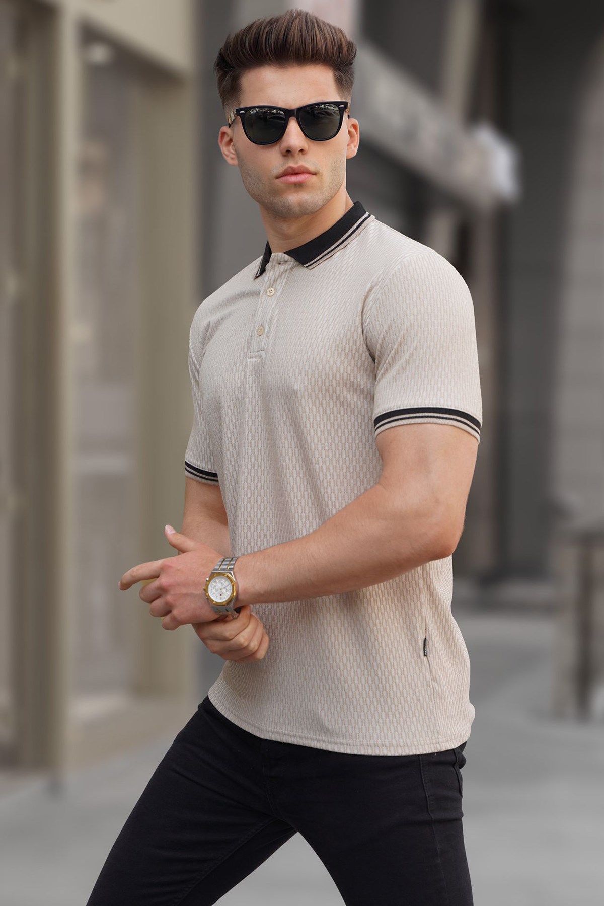 Men Basic Beige Polo T-Shirt -- Madmext