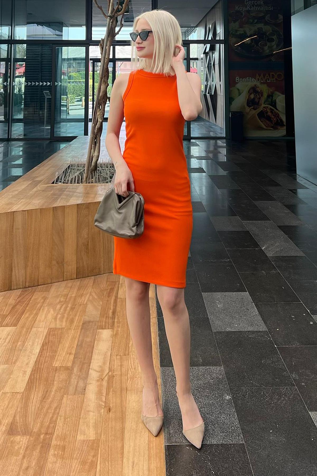 Turuncu Sıfır Kol Mini Basic Kaşkorse Elbise - Madmext