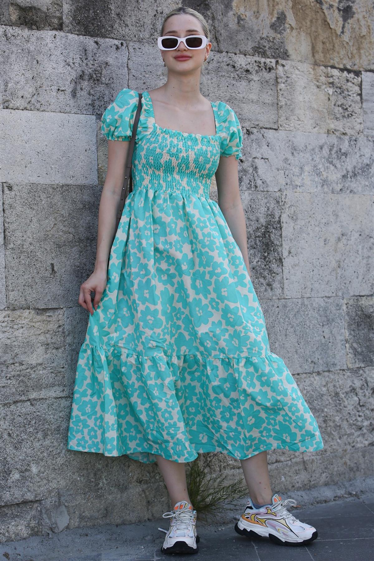 Turkuaz Desenli Kısa Kollu Midi Elbise - Madmext