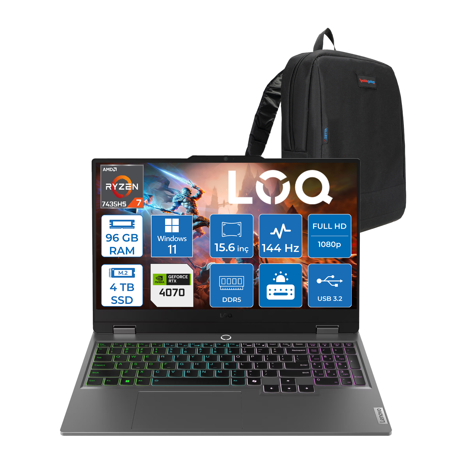 Lenovo Loq 15ARP9 Amd Ryzen 7 7435HS 96GB DDR5 4TB SSD Windows 11 Pro 4070 8GB 115W 15.6" Fhd ...