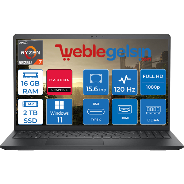 Dell Inspiron 15 3525 Ryzen 7 5825U 16GB 2TB SSD 15.6" 120Hz Windows 11 Home Taşınabilir ...