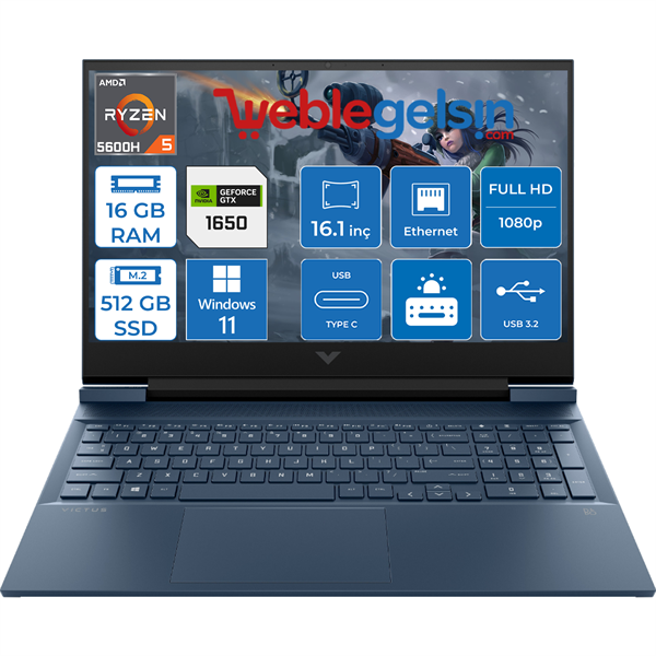 Hp Victus Laptop 16-E0012NT Amd Ryzen 5 5600H 16GB Ram 512GB SSD 4GB GTX1650 16.1" FHD 144HZ ...