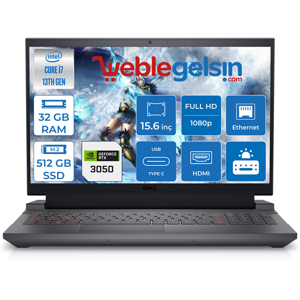 Dell G15 5530 Intel Core i7 13650HX 32GB DDR5 Ram 512GB SSD 6GB RTX3050 15.6" 120Hz Fhd Freedos ...