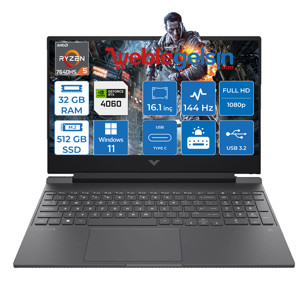 Hp Victus Laptop 16 - S0035NT Amd Ryzen 5 - 7640HS 32GB DDR5 512GB SSD 8GB RTX4060 16.1" 144Hz ...