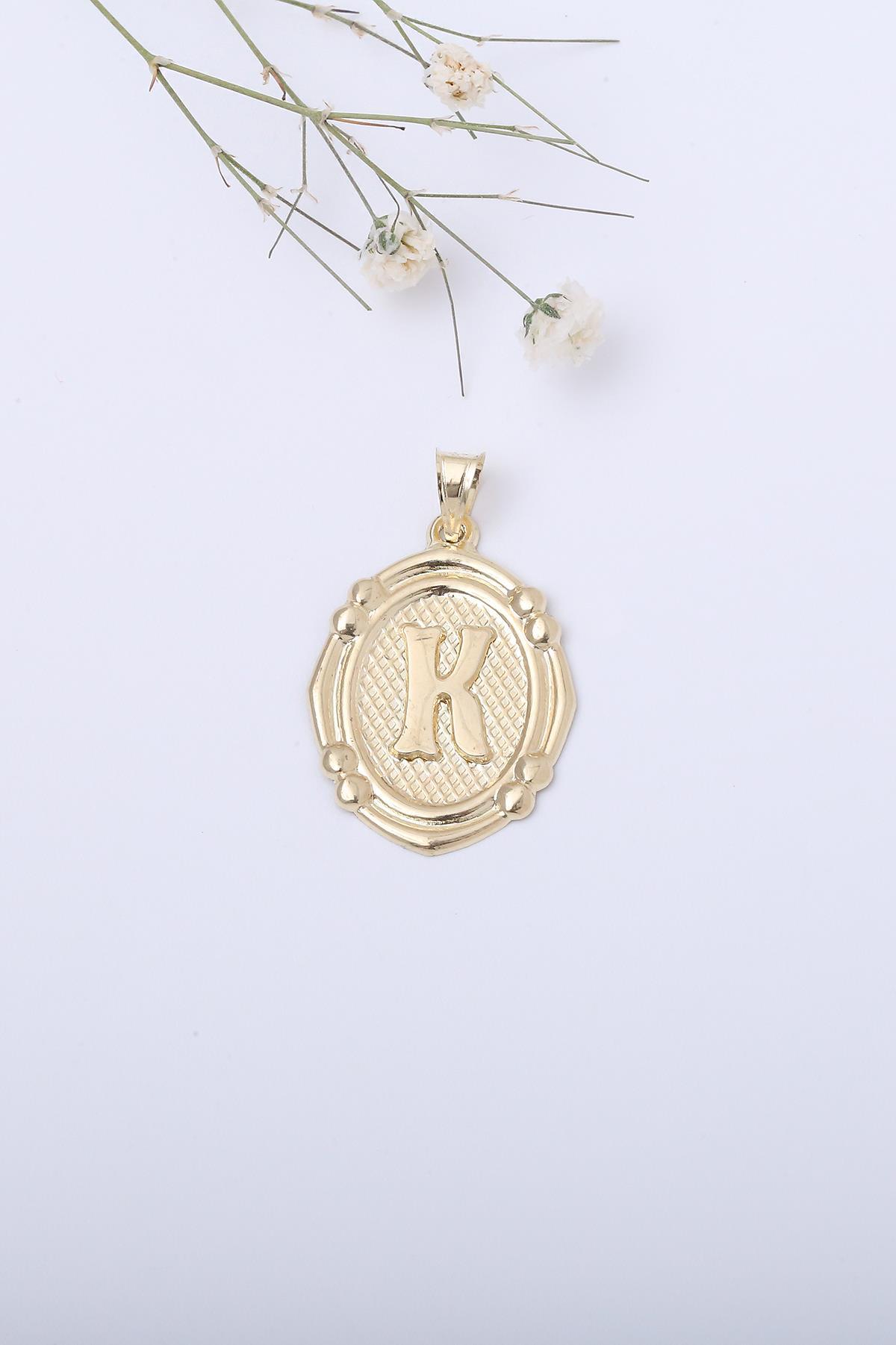 14 Ayar Altın K Harfli Retro Kolye Ucu