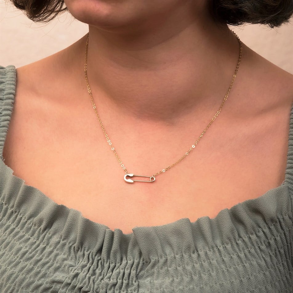 14k Real Solid Yellow Gold Safety Pin Necklace, Paper Clip Gold ...