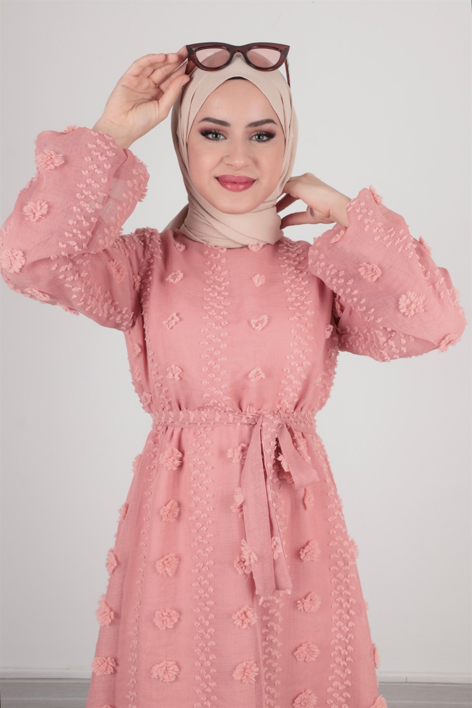 Çiçek Kabartmalı Elbise Pembe