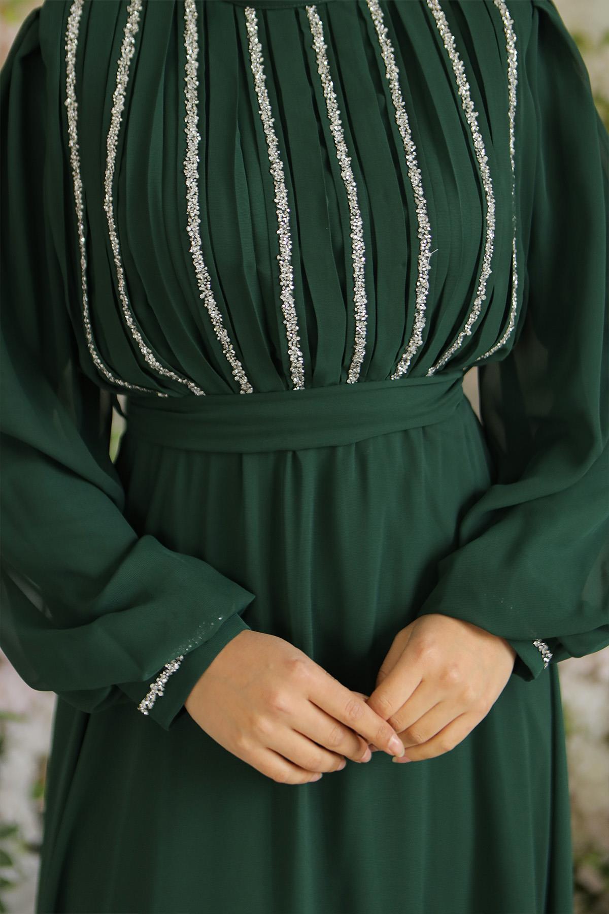 Tesettür Ala Şifon Abiye Zümrüt Yeşili