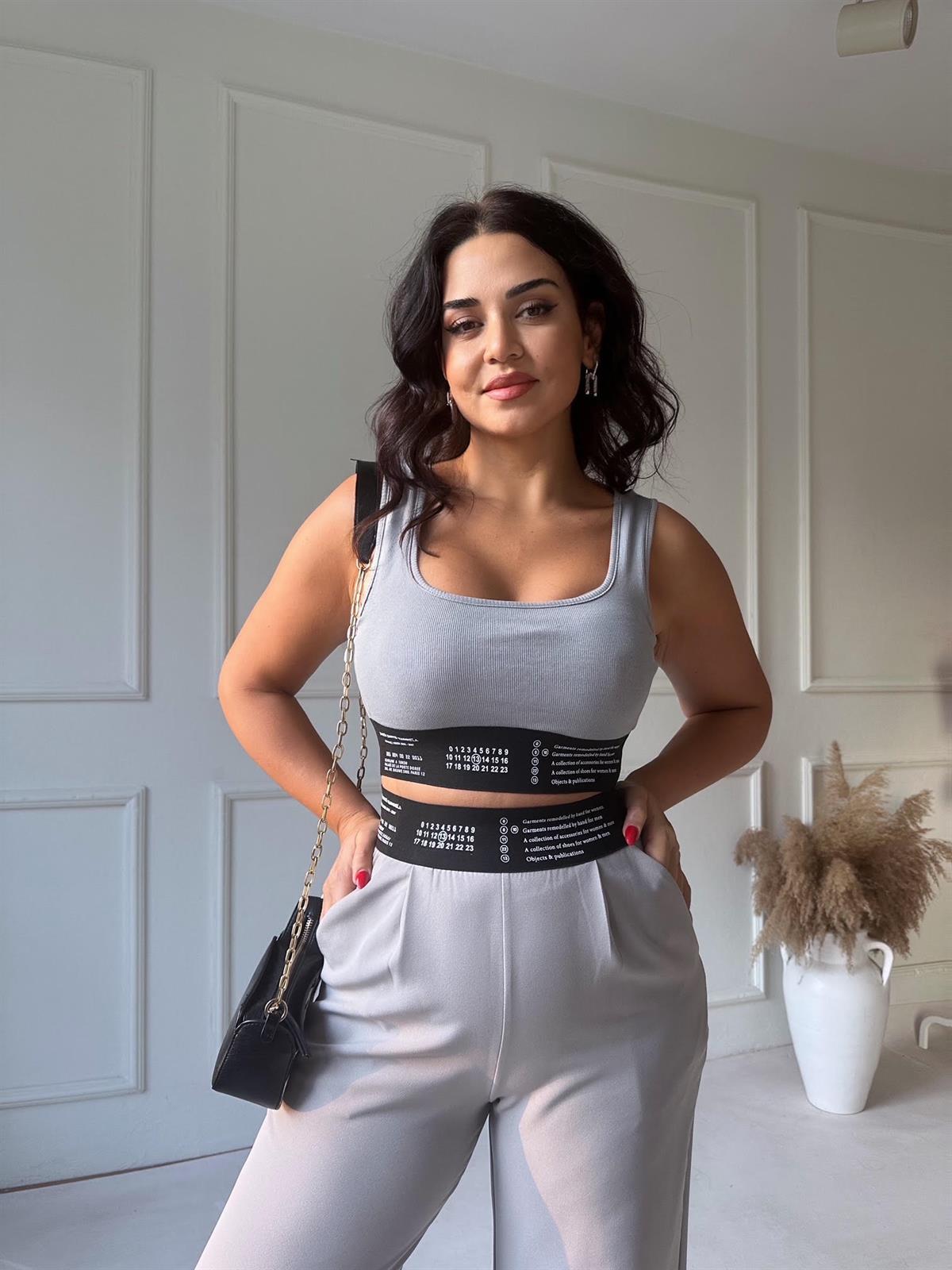 Premium Kalite Beli Lastikli Object Crop Bluz Gri