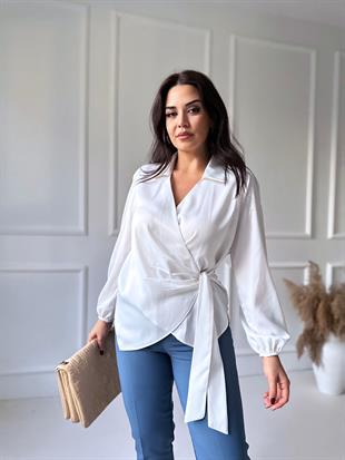 Premium Kalite Beyaz Saten Bağlamalı Kruvaze Bluz | Nora Butik