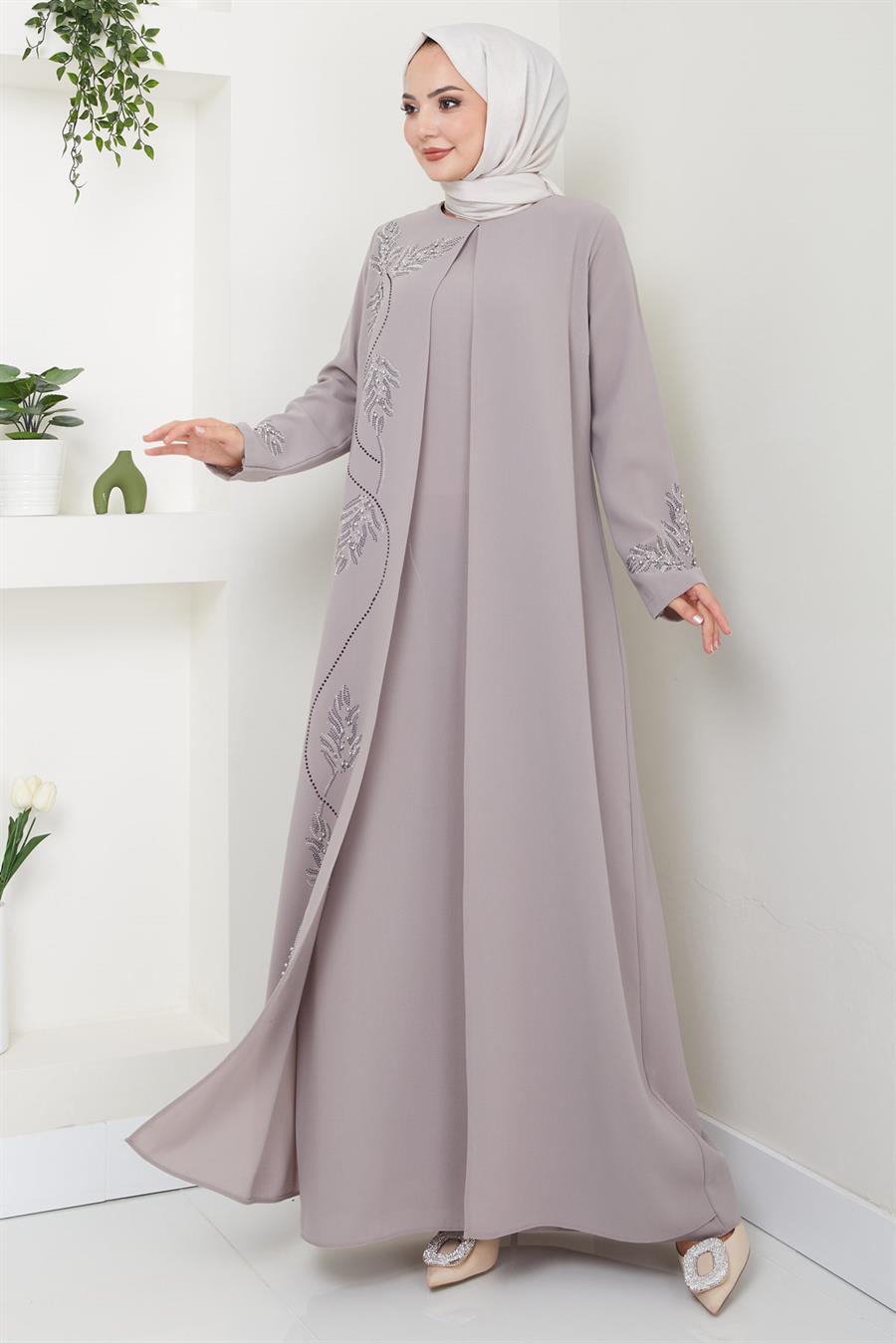 Büyük Beden Yaprak Taşlı Anne Elbisesi Bej HM2350 Büyük Beden Yaprak Taşlı Anne Elbisesi Bej HM2350