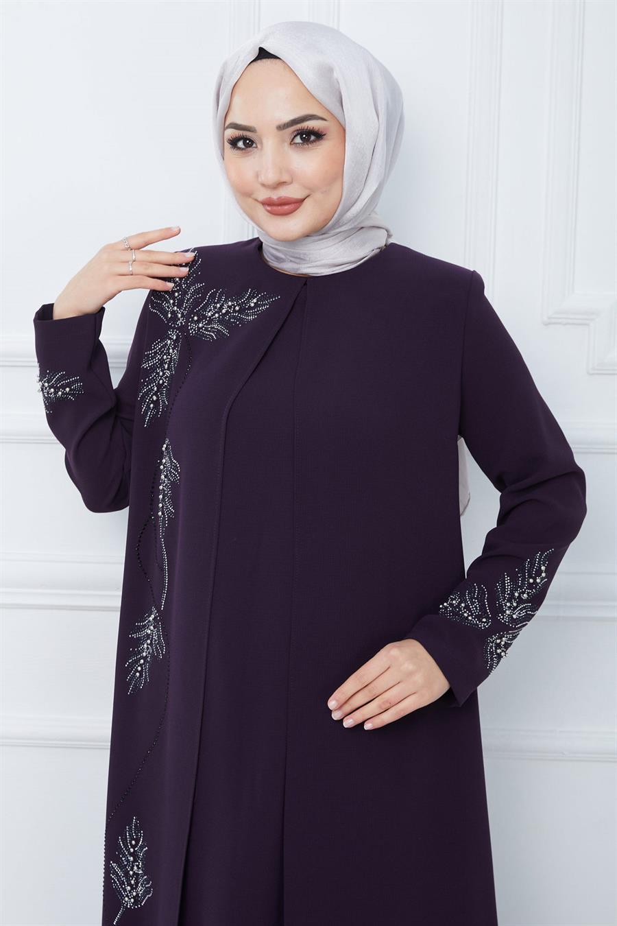 Büyük Beden Yaprak Taşlı Anne Elbisesi Mor HM2350 Büyük Beden Yaprak Taşlı Anne Elbisesi Mor HM2350