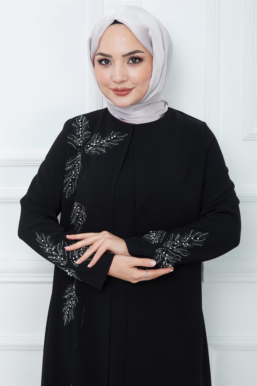 Büyük Beden Yaprak Taşlı Anne Elbisesi Siyah HM2350 Büyük Beden Yaprak Taşlı Anne Elbisesi Siyah HM2350