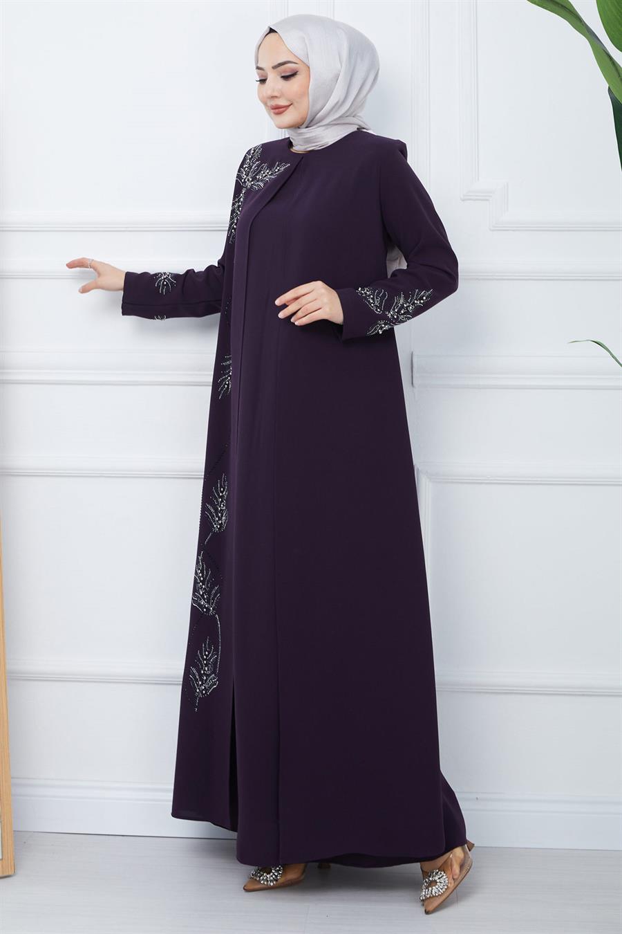 Büyük Beden Yaprak Taşlı Anne Elbisesi Mor HM2350 Büyük Beden Yaprak Taşlı Anne Elbisesi Mor HM2350