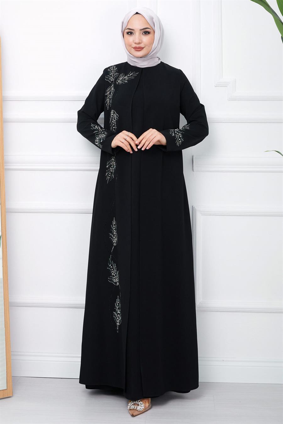 Büyük Beden Yaprak Taşlı Anne Elbisesi Siyah HM2350 Büyük Beden Yaprak Taşlı Anne Elbisesi Siyah HM2350