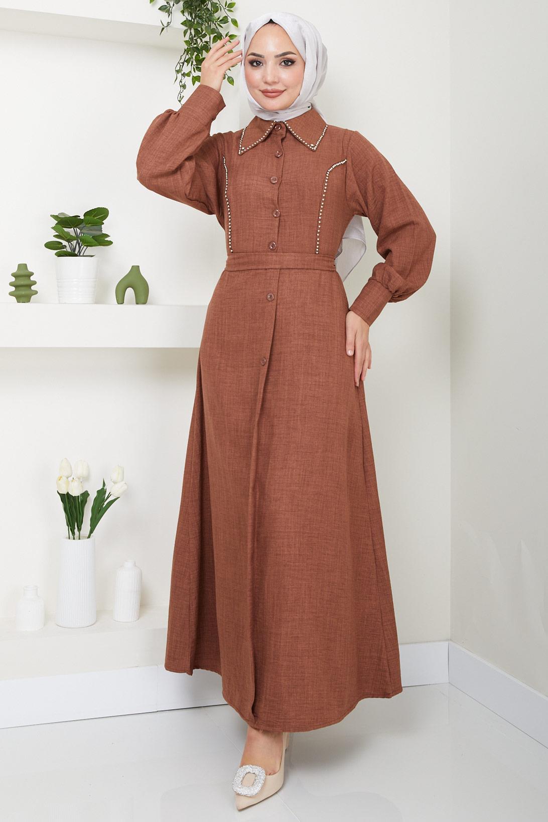 Boncuklu Sofia Elbise Taba HM2476