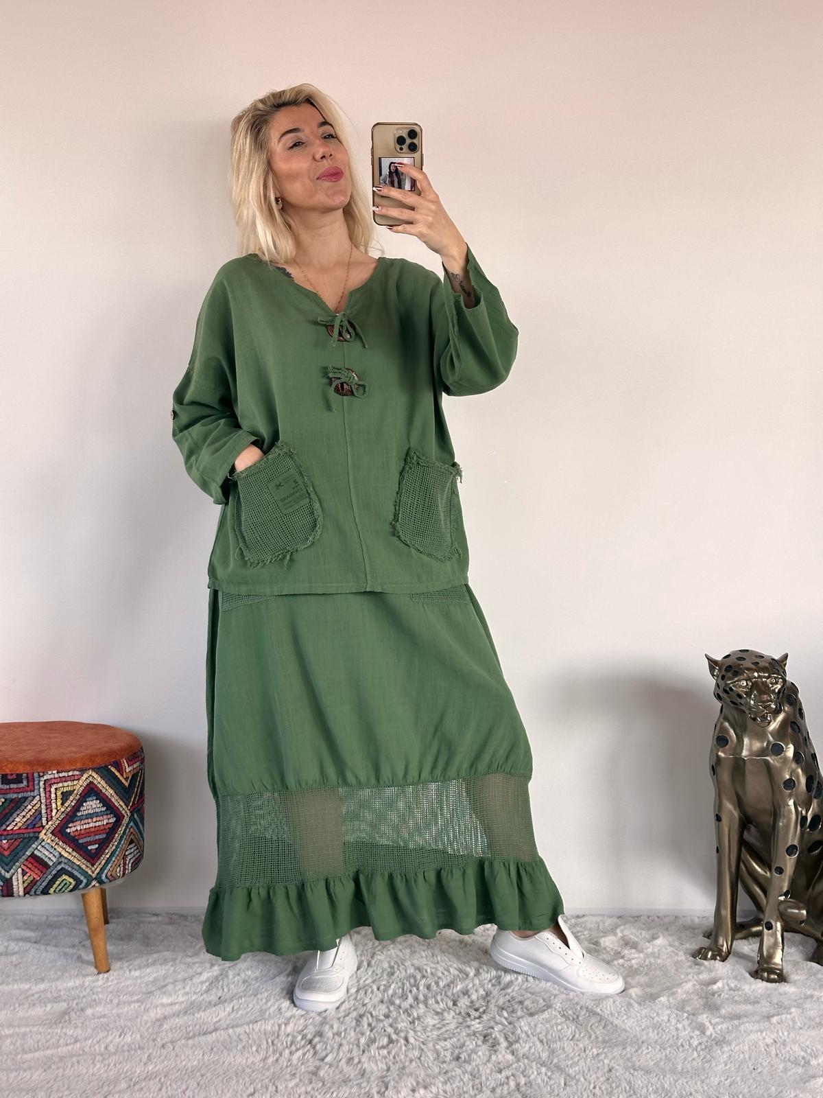 Yeşil Stin File Cepli İtalyan Pamuk Keten Etek