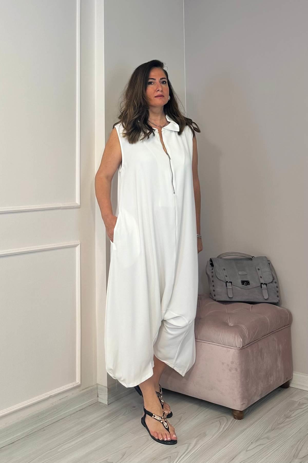 Fermuarlı Şalvar Model Tulum Beyaz