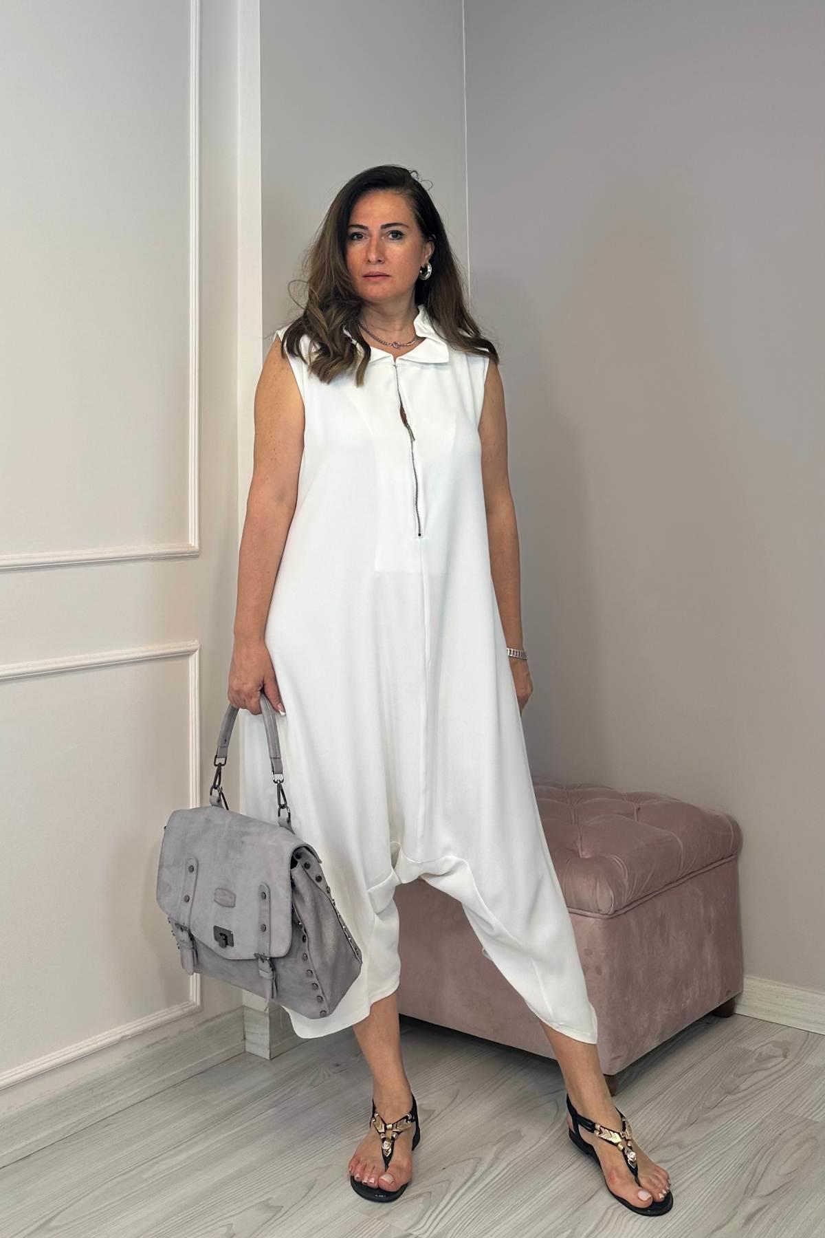 Fermuarlı Şalvar Model Tulum Beyaz