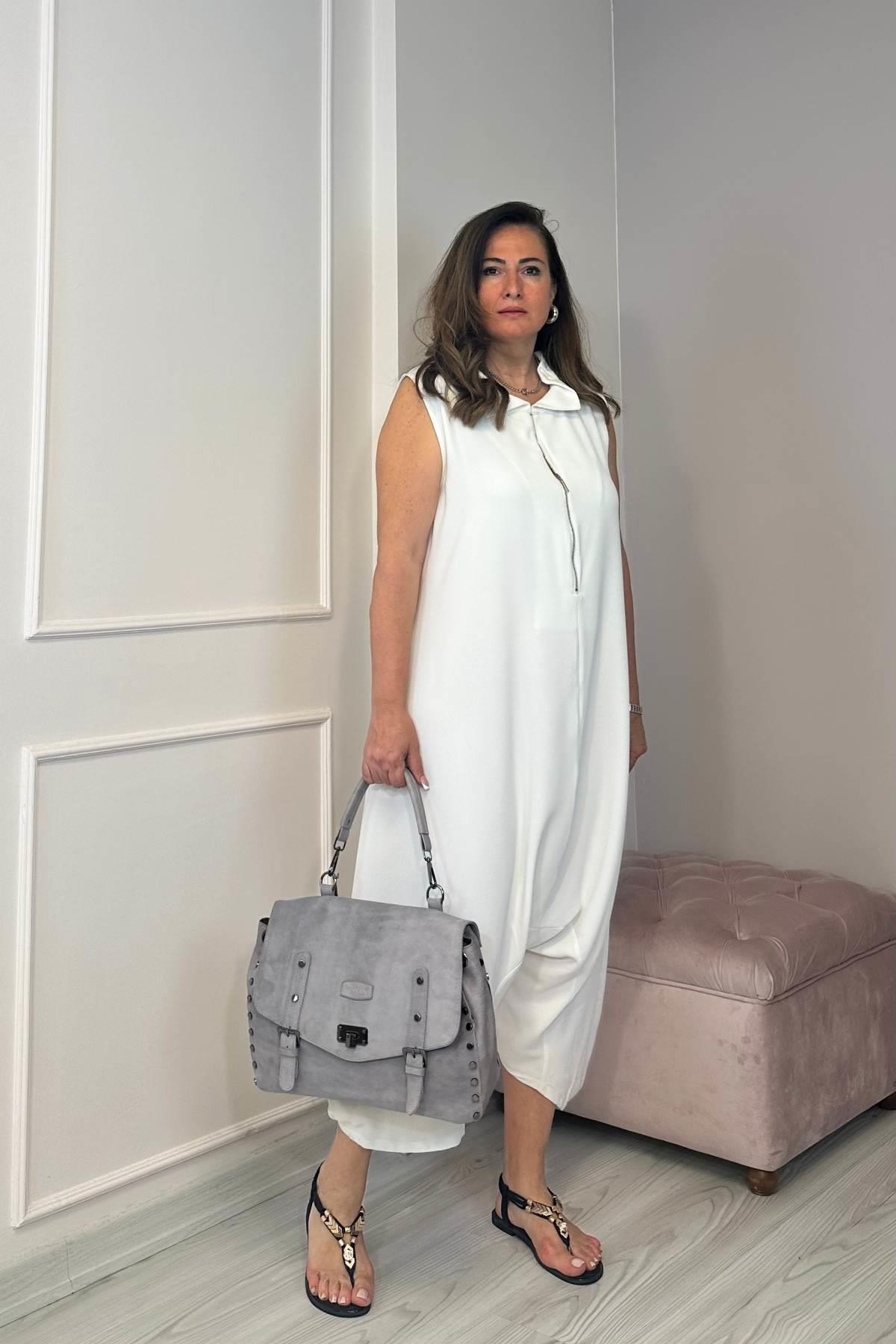 Fermuarlı Şalvar Model Tulum Beyaz