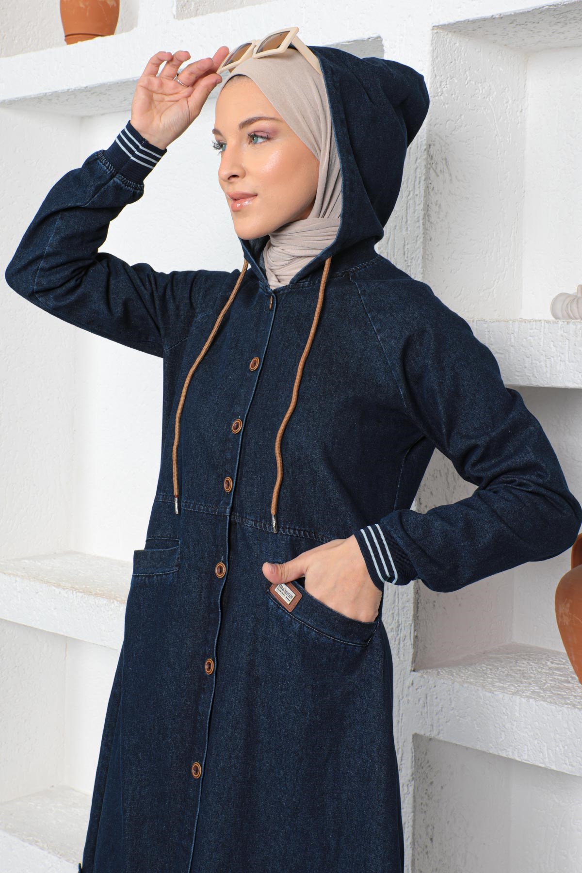 Düğmeli Kapşonlu Kot Kap Koyu Kot 10544 - Modamihram