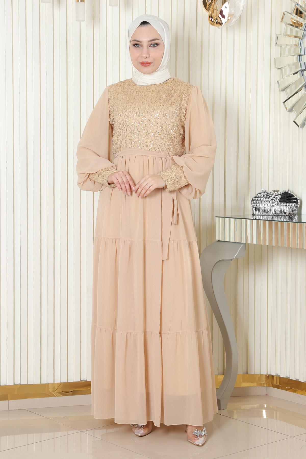 Pulpayetli Şifon Abiye Gold 19187 - Modamihram